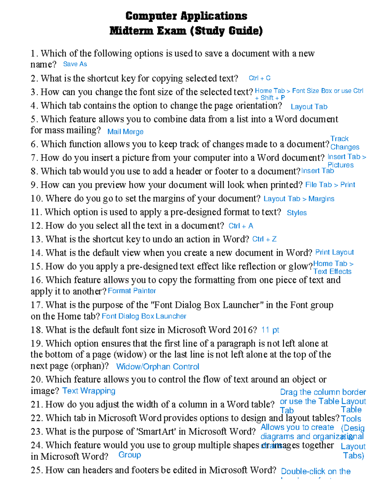 Computer Applications ( Midterm EXAM) Study Guide 1 - Computer ...
