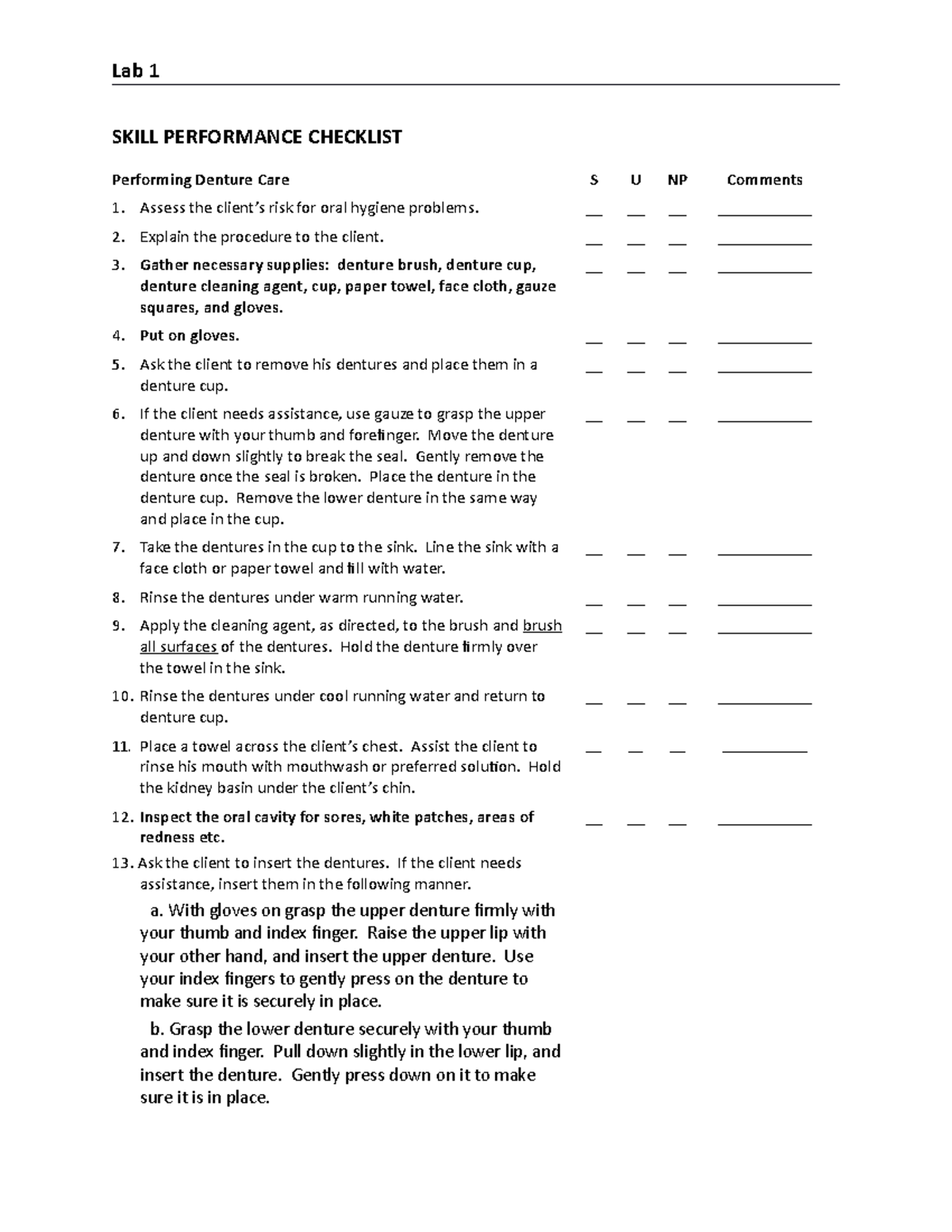 Denture Care skill checklist - Lab 1 SKILL PERFORMANCE CHECKLIST ...