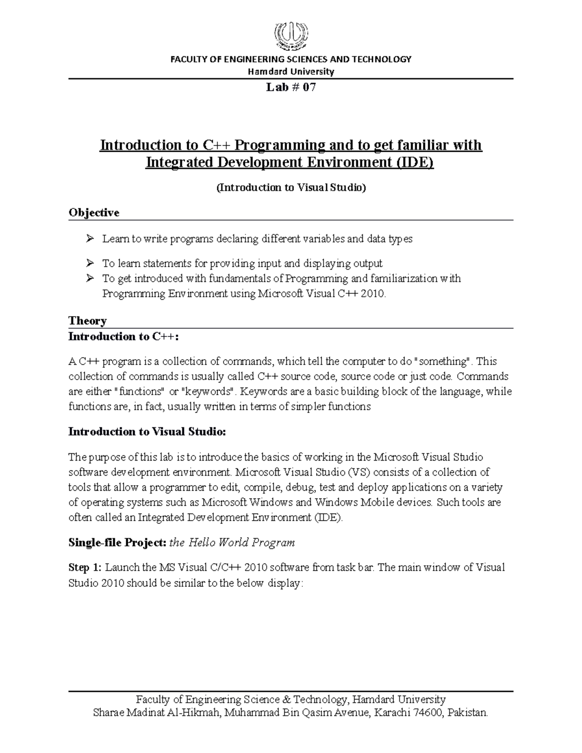 Lab 7 - aaaaaa - Hamdard University Lab # 07 Introduction to C++ Programming and to get familiar ...
