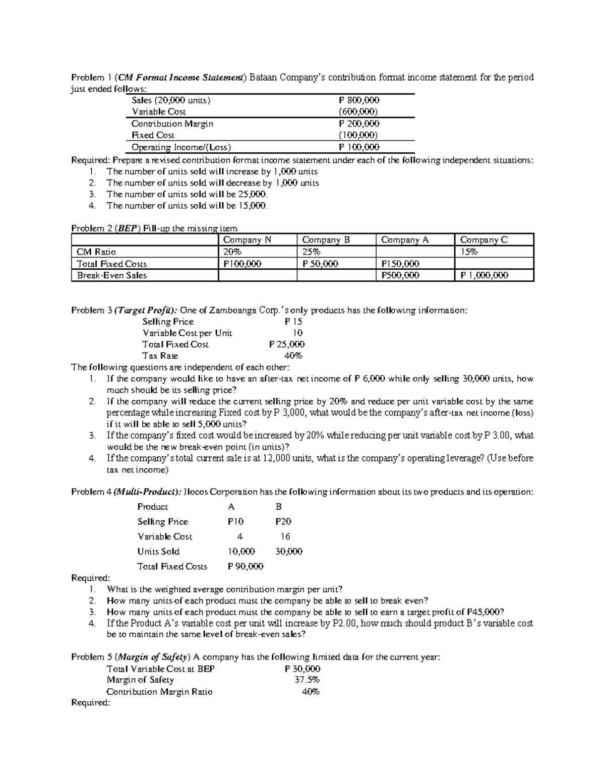CVP-Assignment - Cost Accounting - Chapter 1 Cost Volume Profit Analysis Exercise - Problem 1 ...