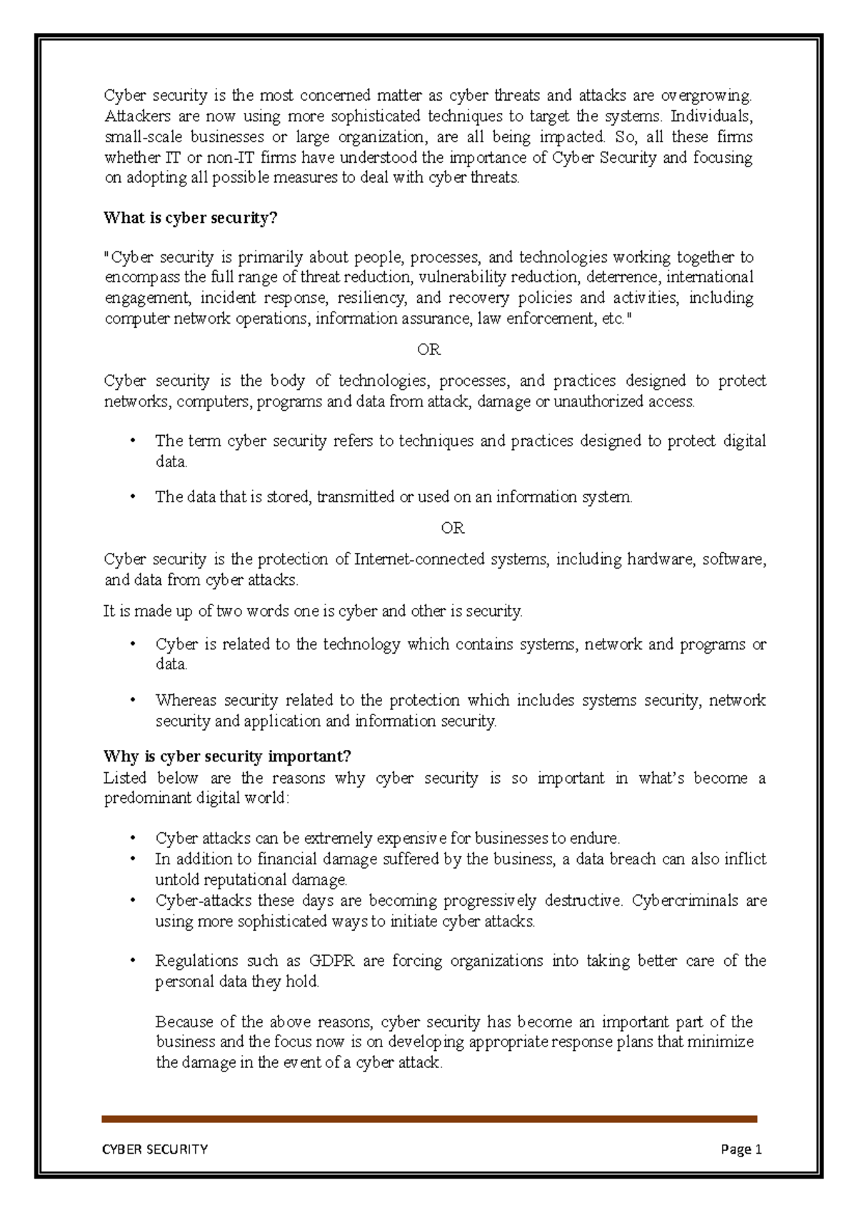 Cyber security notes - Cyber security is the most concerned matter as ...