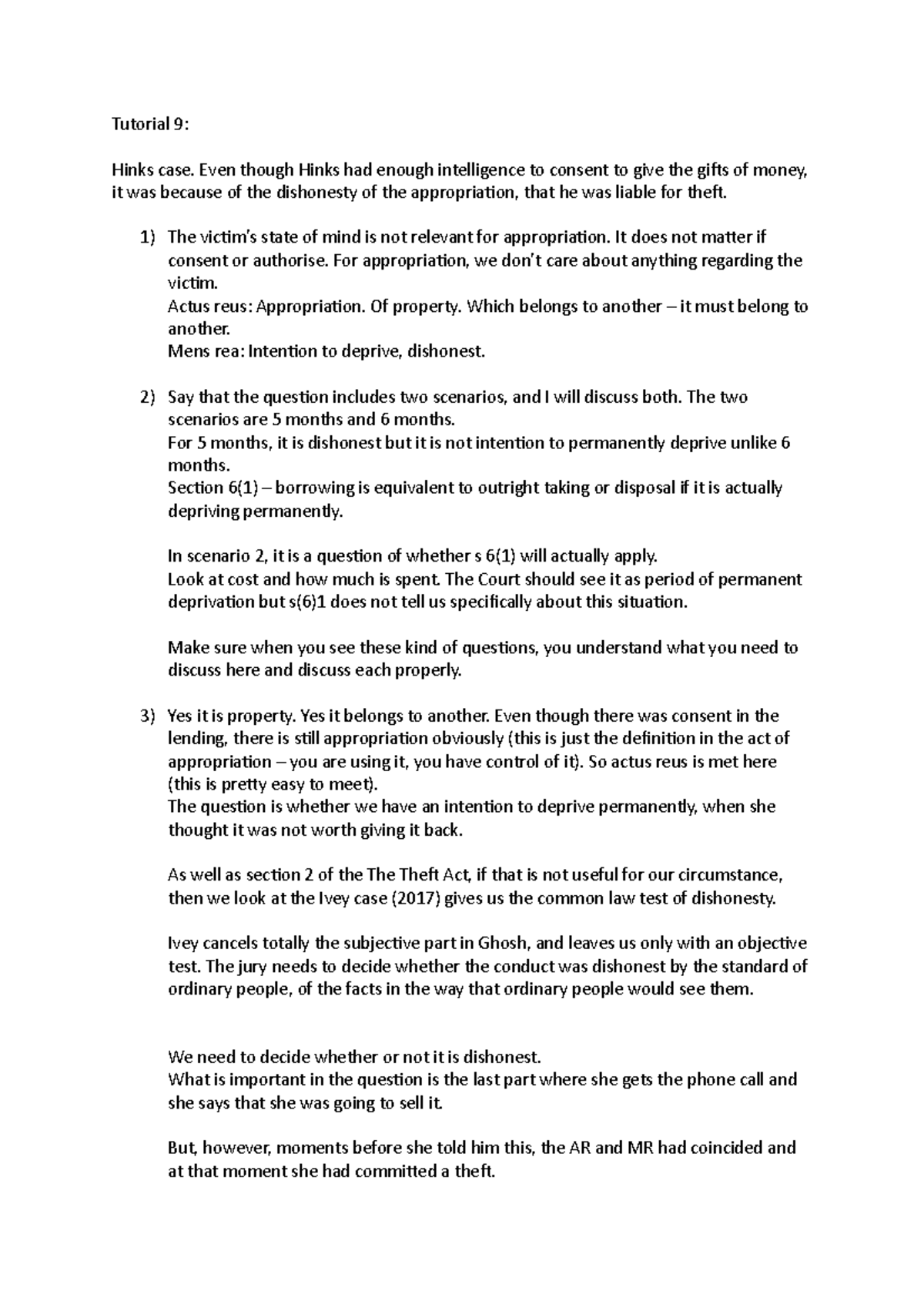 Tutorial 9: Theft and the Theft Act - Tutorial 9: Hinks case. Even ...