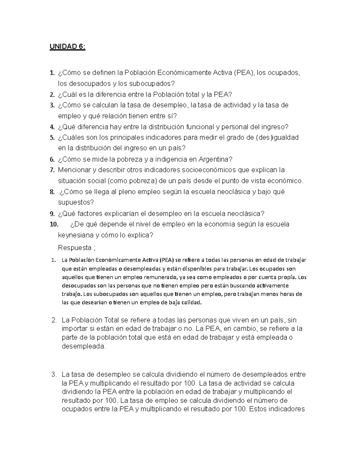 Unidad 6 respuestas - guia de ´reguntas para examen. - UNIDAD 6: ¿Cómo se definen la Población ...