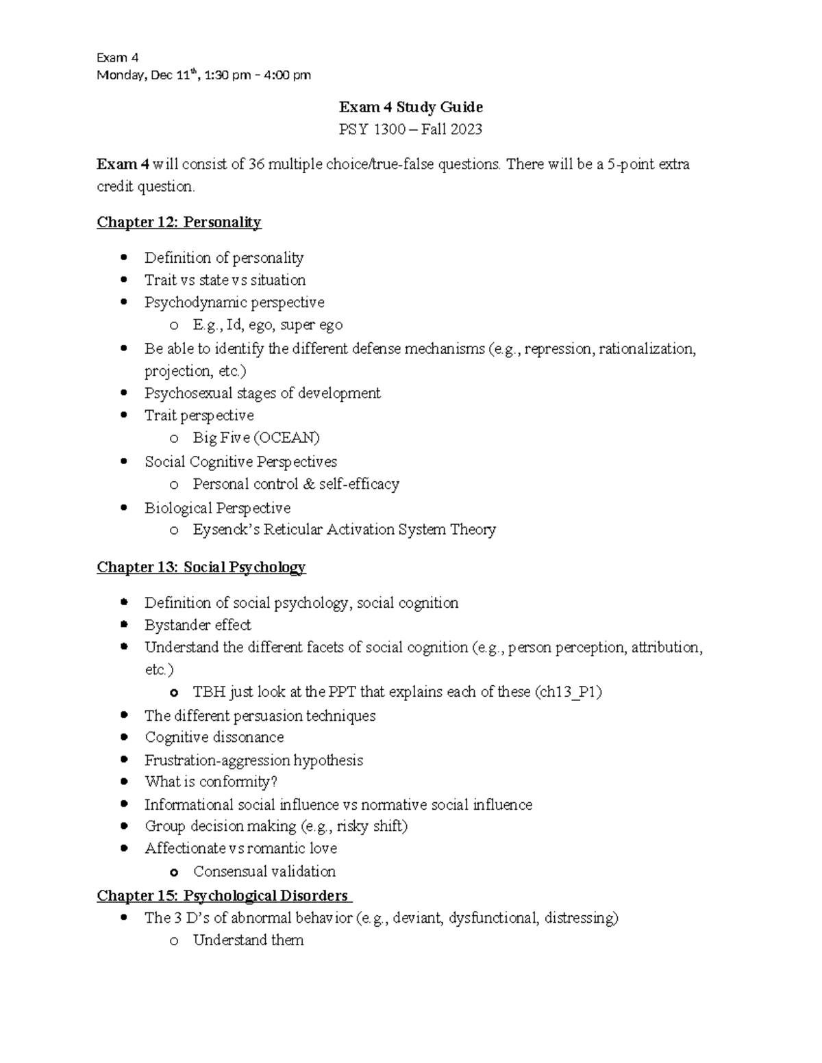 Exam 4 - Study Guide - Yay - Exam 4 Monday, Dec 11th, 1:30 pm – 4:00 pm ...