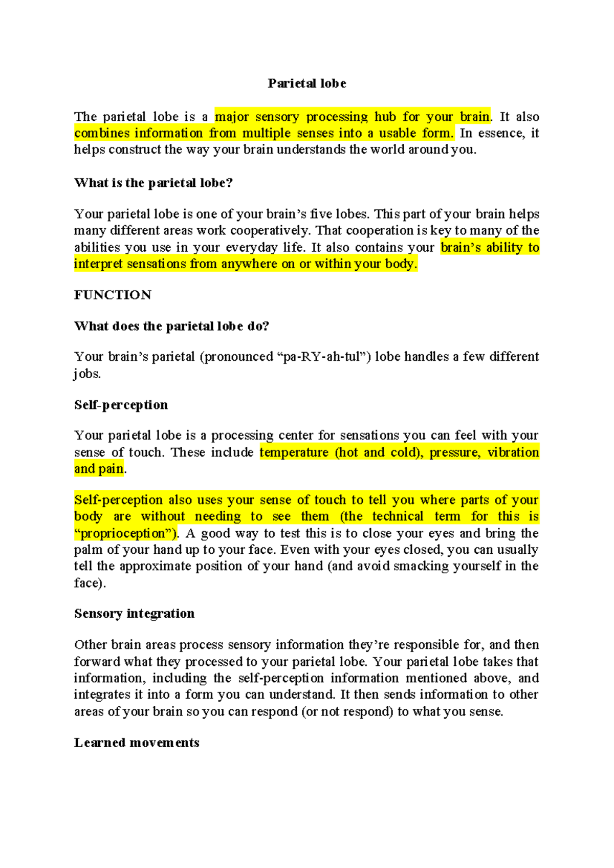 Parietal Lobe - notes - Parietal lobe The parietal lobe is a major ...