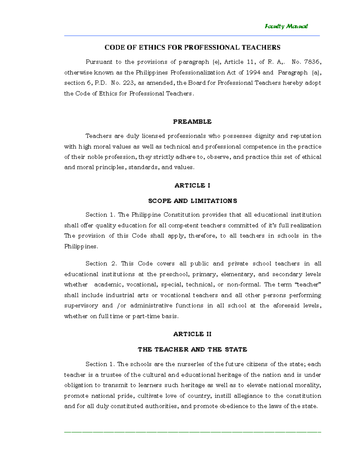Code of Ethics for Professional Teachers Philippines - - Studocu