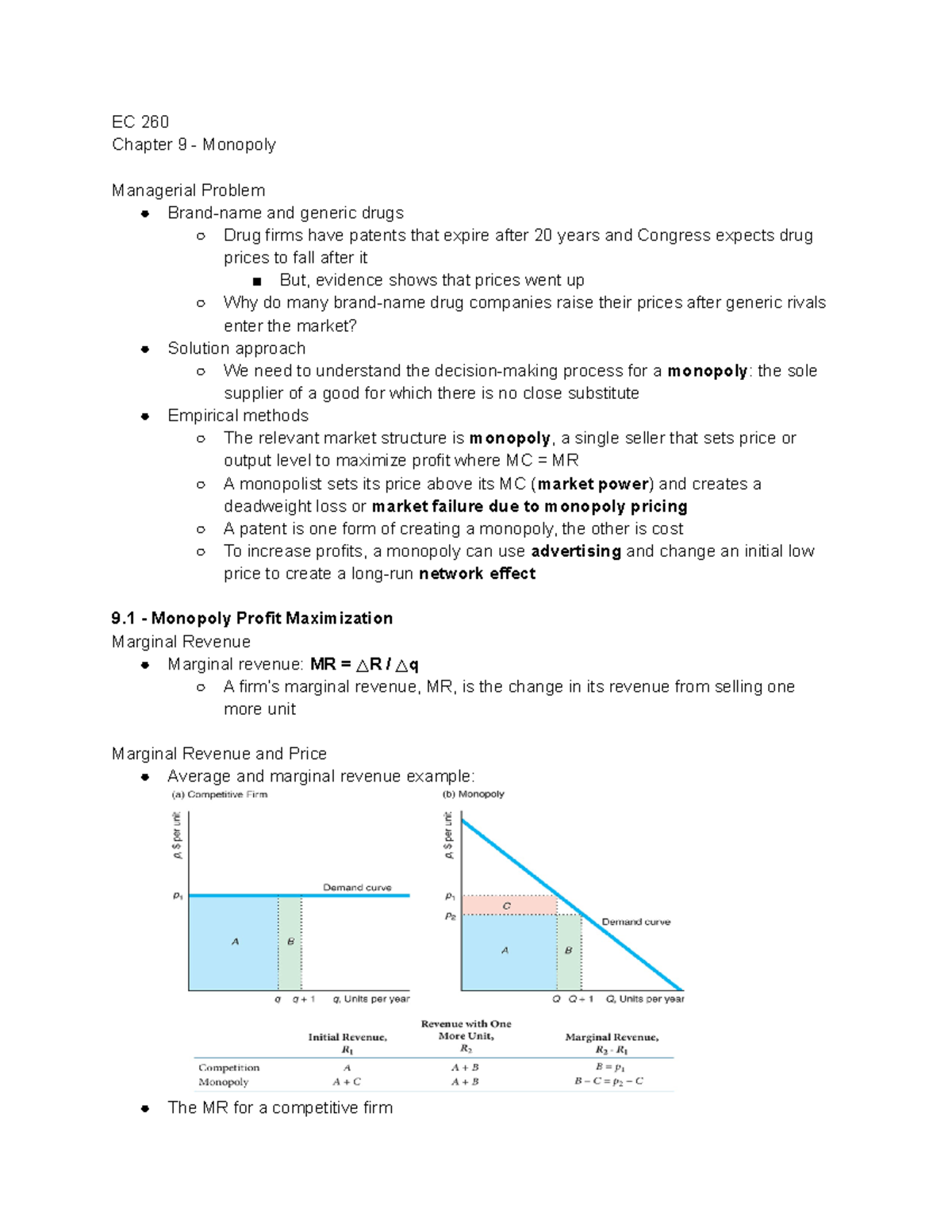 EC 260 - Chapter 9 Monopoly - EC 260 Chapter 9 - Monopoly Managerial Problem Brand-name and ...