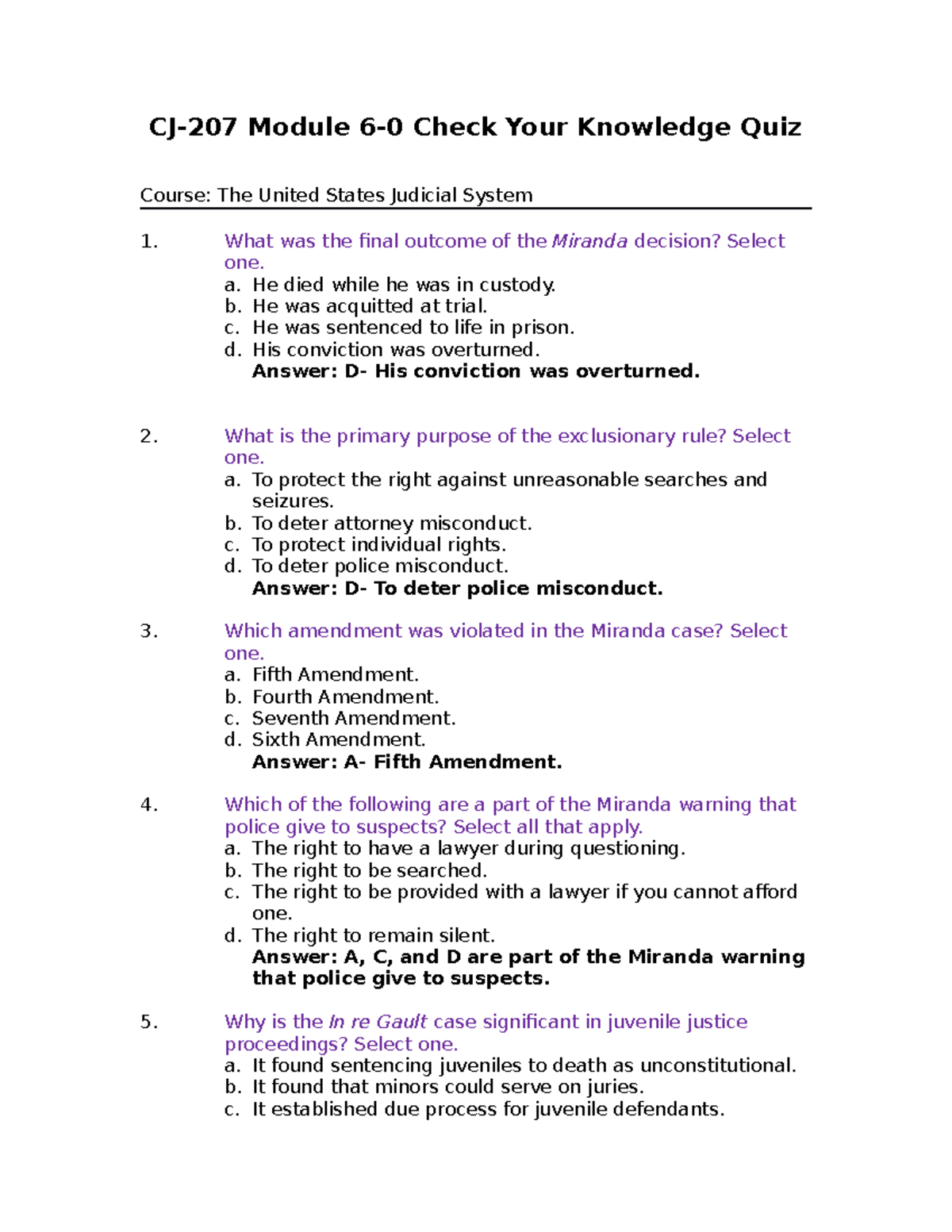 CJ 207 6-0 CYK Quiz - Check Your Knowledge Quiz for Module 6 - CJ-207 Module 6-0 Check Your ...
