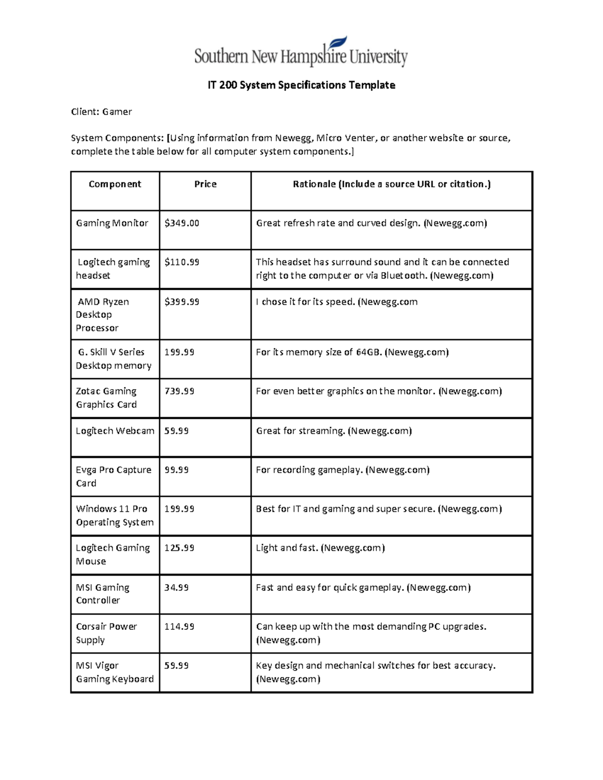 It 200 System Specifications Template It 200 System Specifications Template Client Gamer