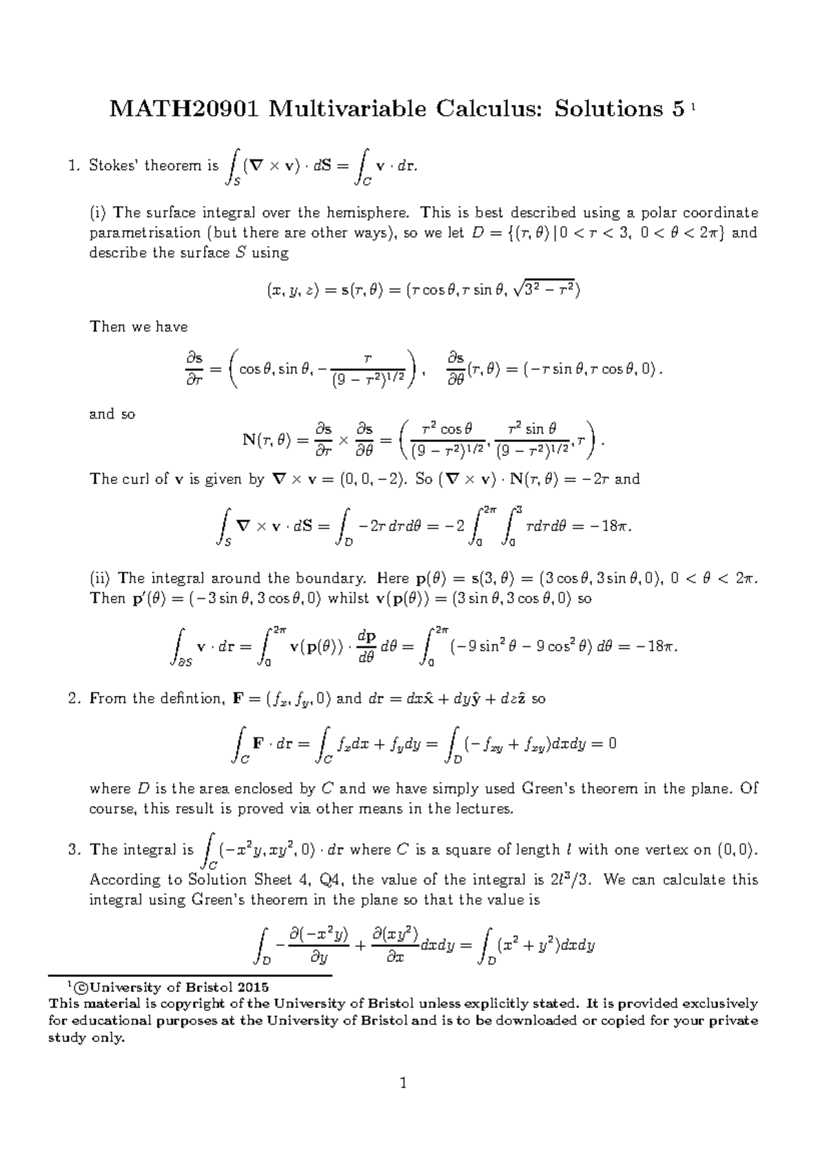 MATH20901 2014-2015 Problem Set 5 - Solutions - MATH20901 Multivariable ...