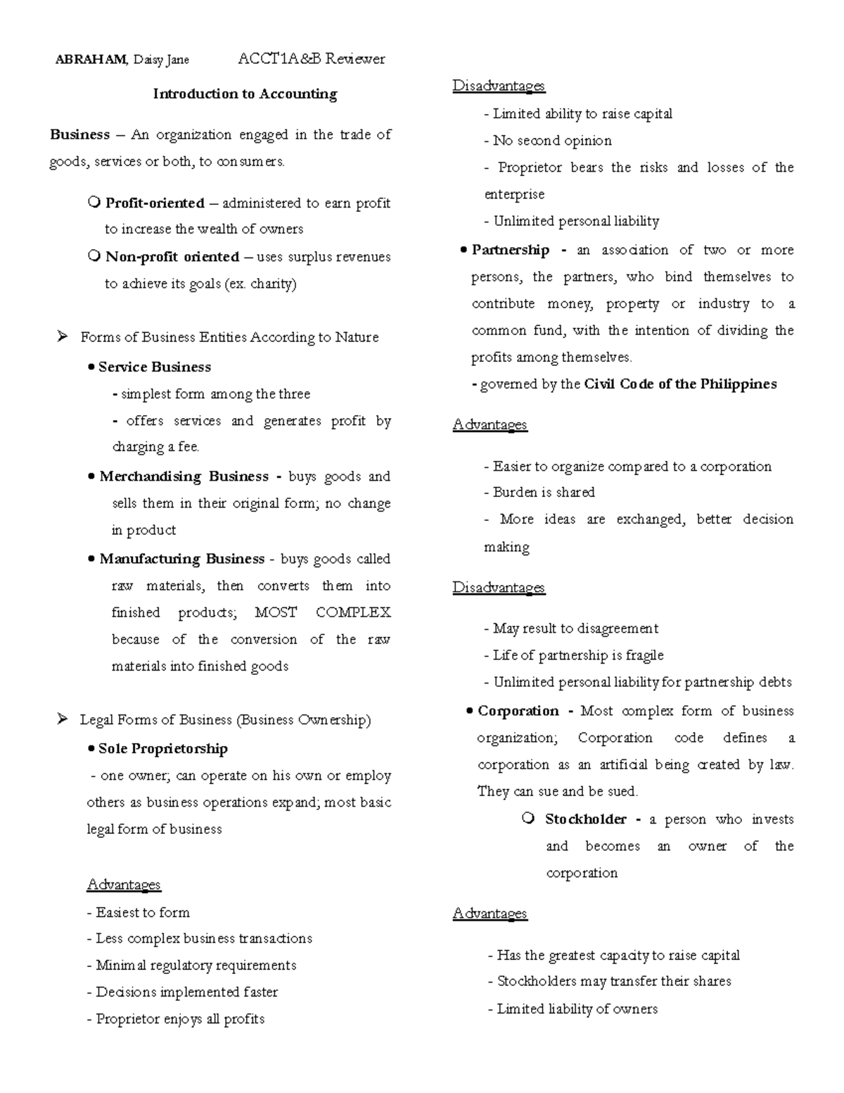 Accounting-Reviewer - Reviewer - ABRAHAM, Daisy Jane ACCT1A&B Reviewer ...