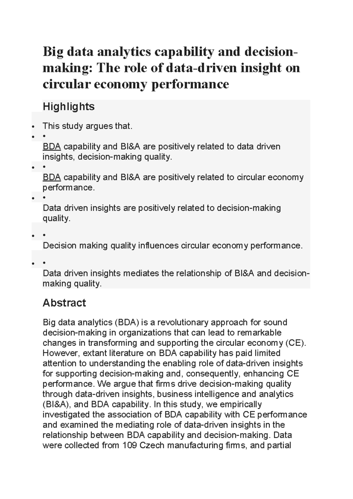 Big data analytics capability and decision - • BDA capability and BI&A ...