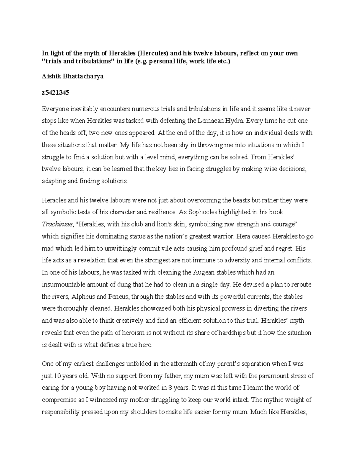 ARTS2542 Reflective Essay - In light of the myth of Herakles (Hercules ...