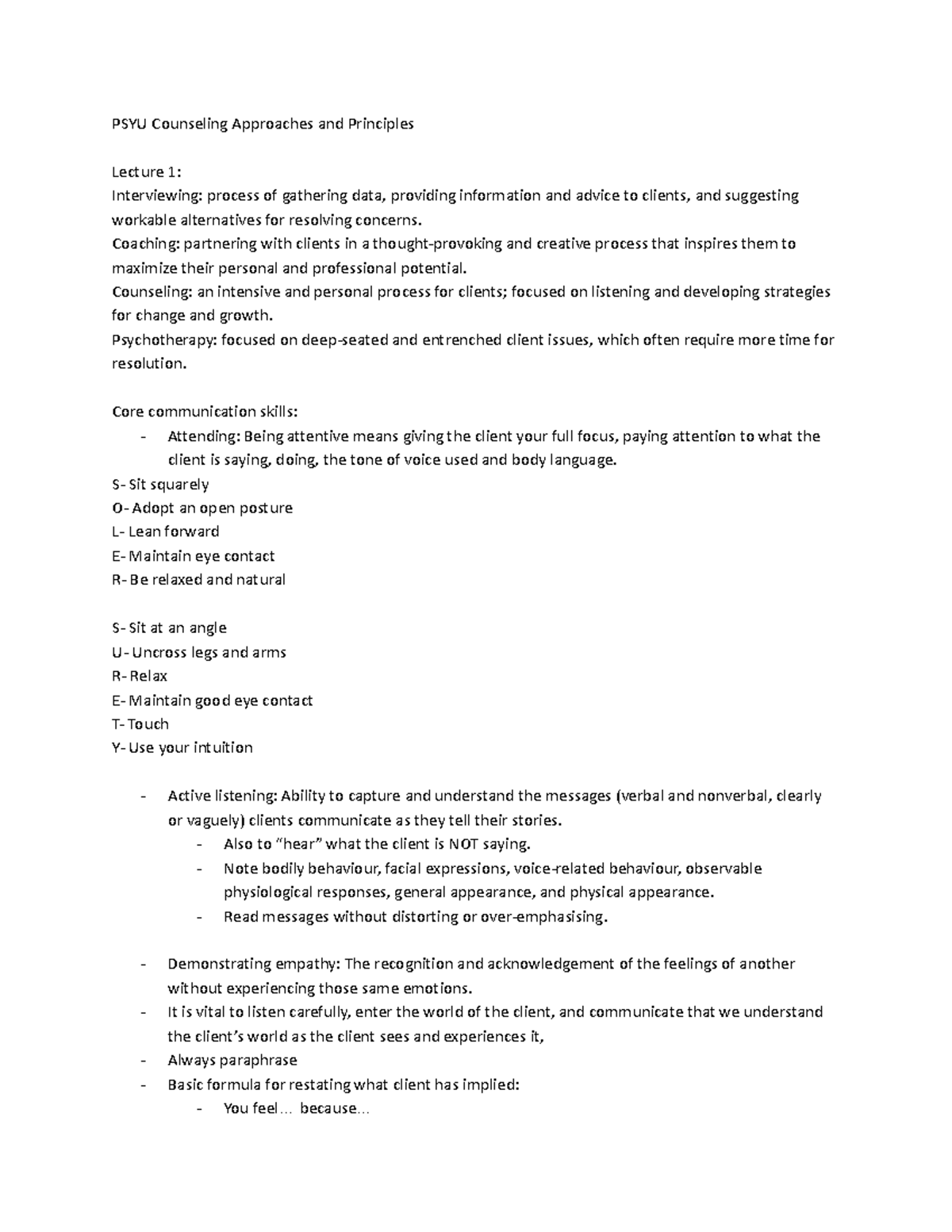 PSYU Counseling Approaches and Principles Lecture 1 Notes - PSYU ...