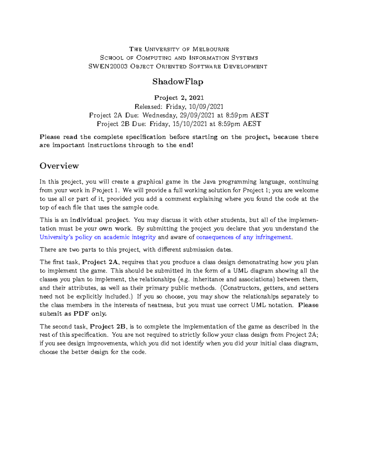 Object Oriented Software Development Swen20003 Project 2 Specs 1 The University Of Melbourne
