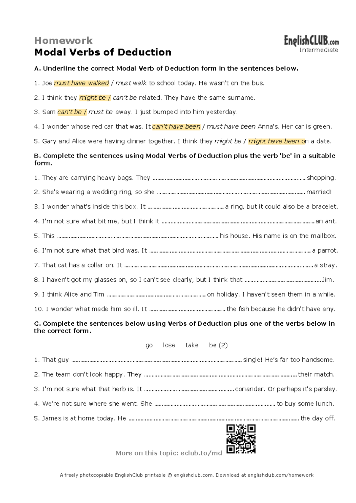 Modals of deduction worksheet - A freely photocopiable EnglishClub ...