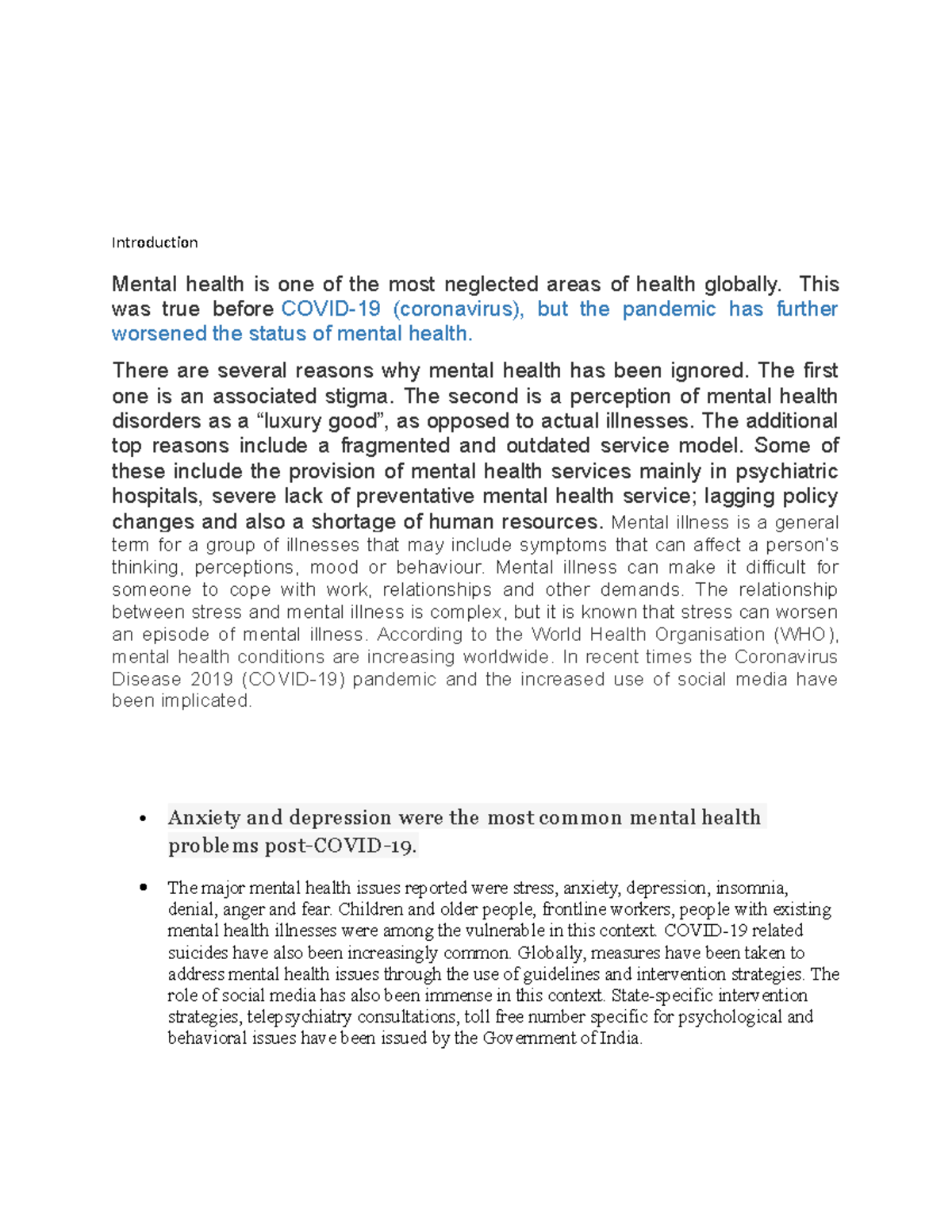 Introduction AND Findings - Introduction Mental health is one of the ...