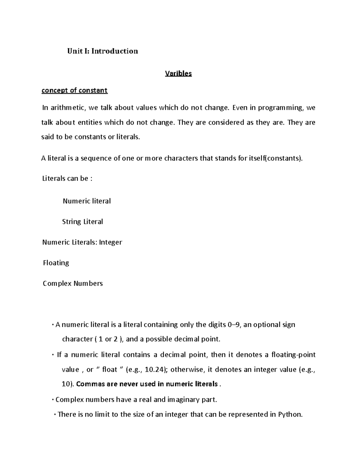literals variables - Unit I: Introduction Varibles concept of constant ...