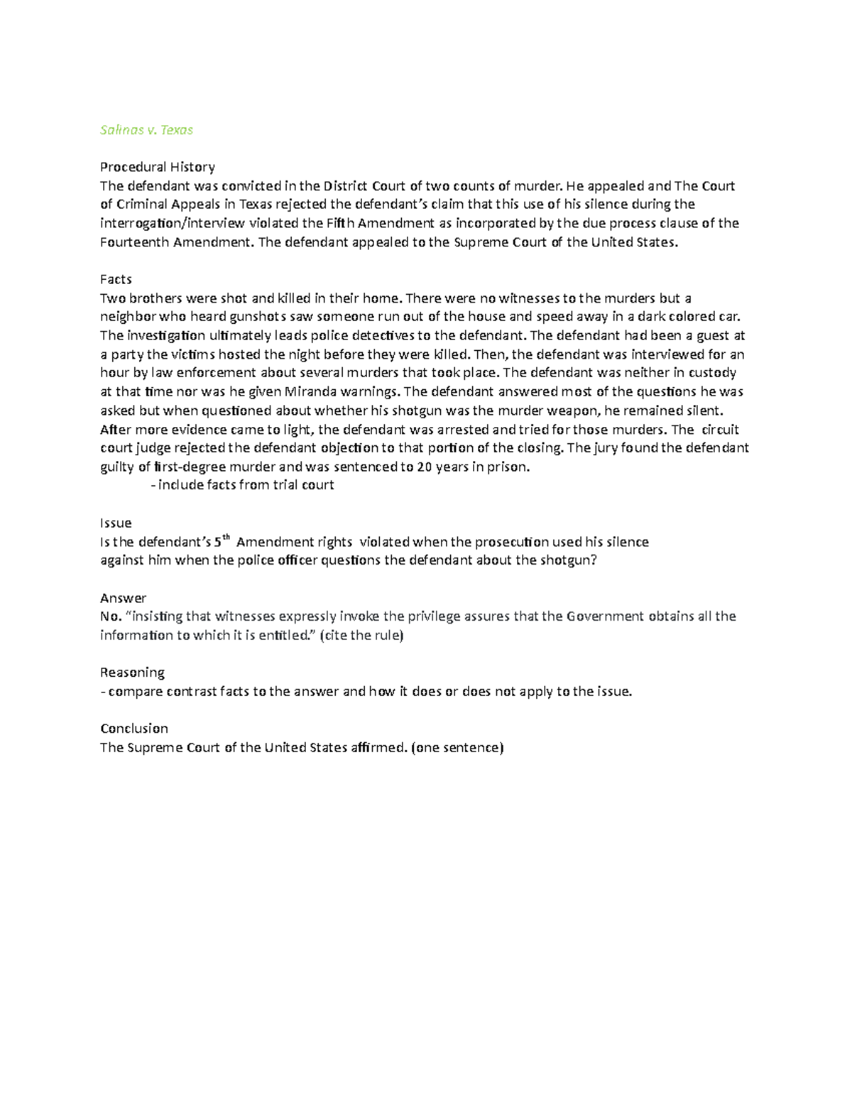 Salinas v Texas case brief - Salinas v. Texas Procedural History The ...