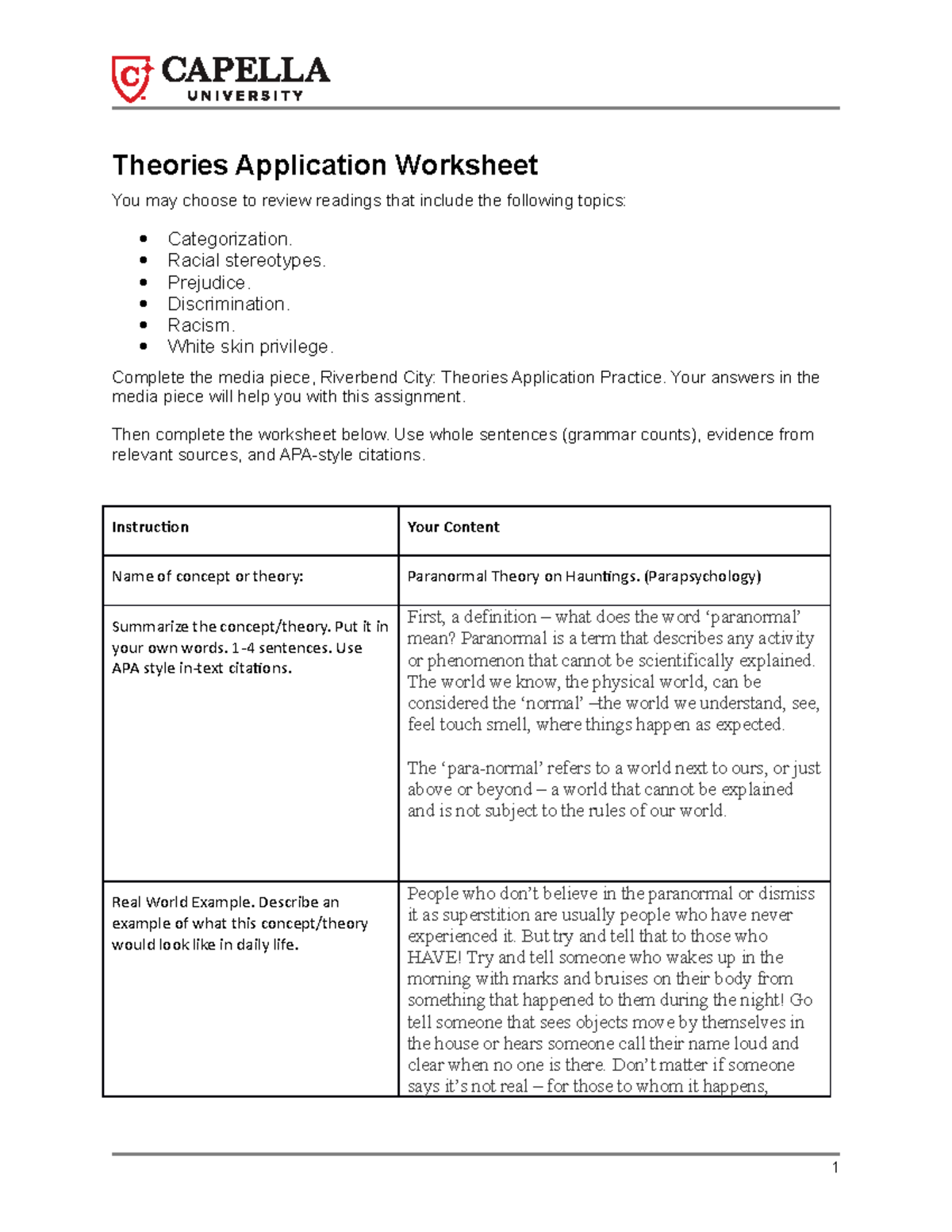 Cf theories application worksheet - Theories Application Worksheet You ...