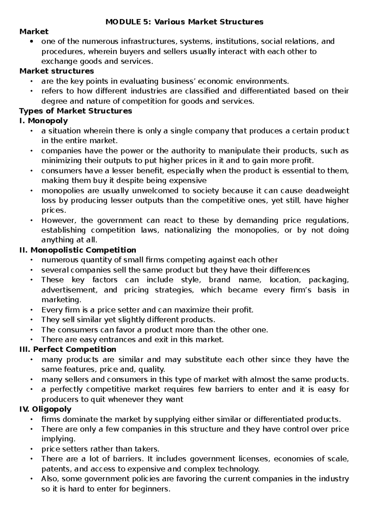 Module 5 Lecture - Various Market Structures - MODULE 5: Various Market Structures Market one of ...