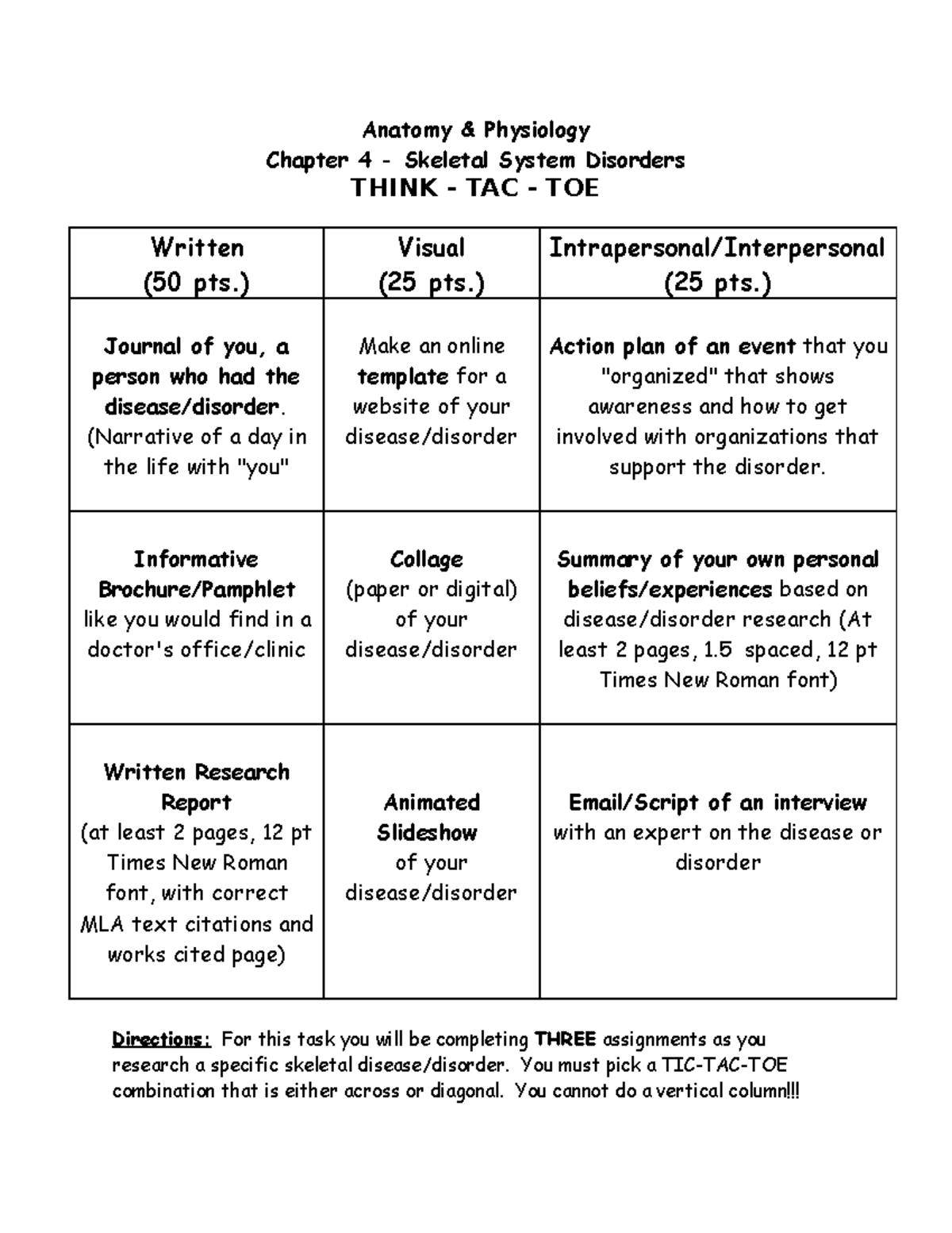 A P Tic Tac Toe Skeletal Diseases-Disorders project - Anatomy ...