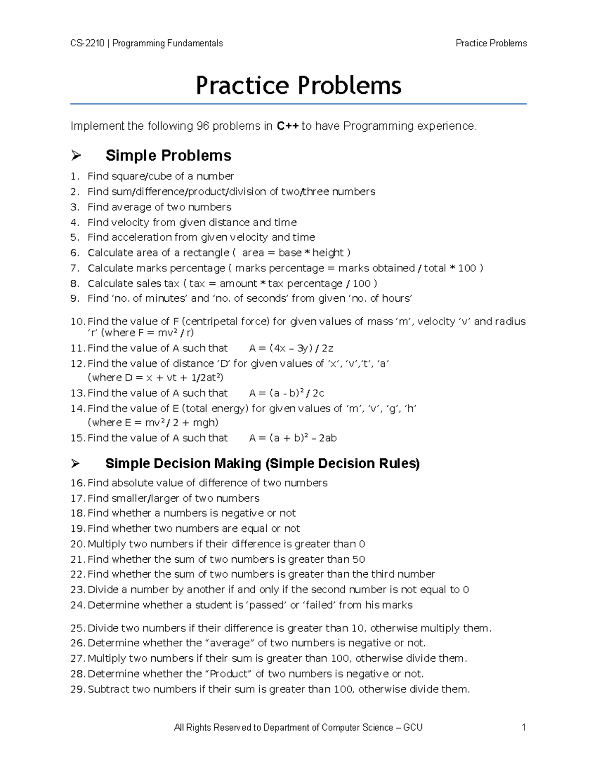 96 Problem Set(For Students Practice) - Practice Problems Implement the following 96 problems in ...