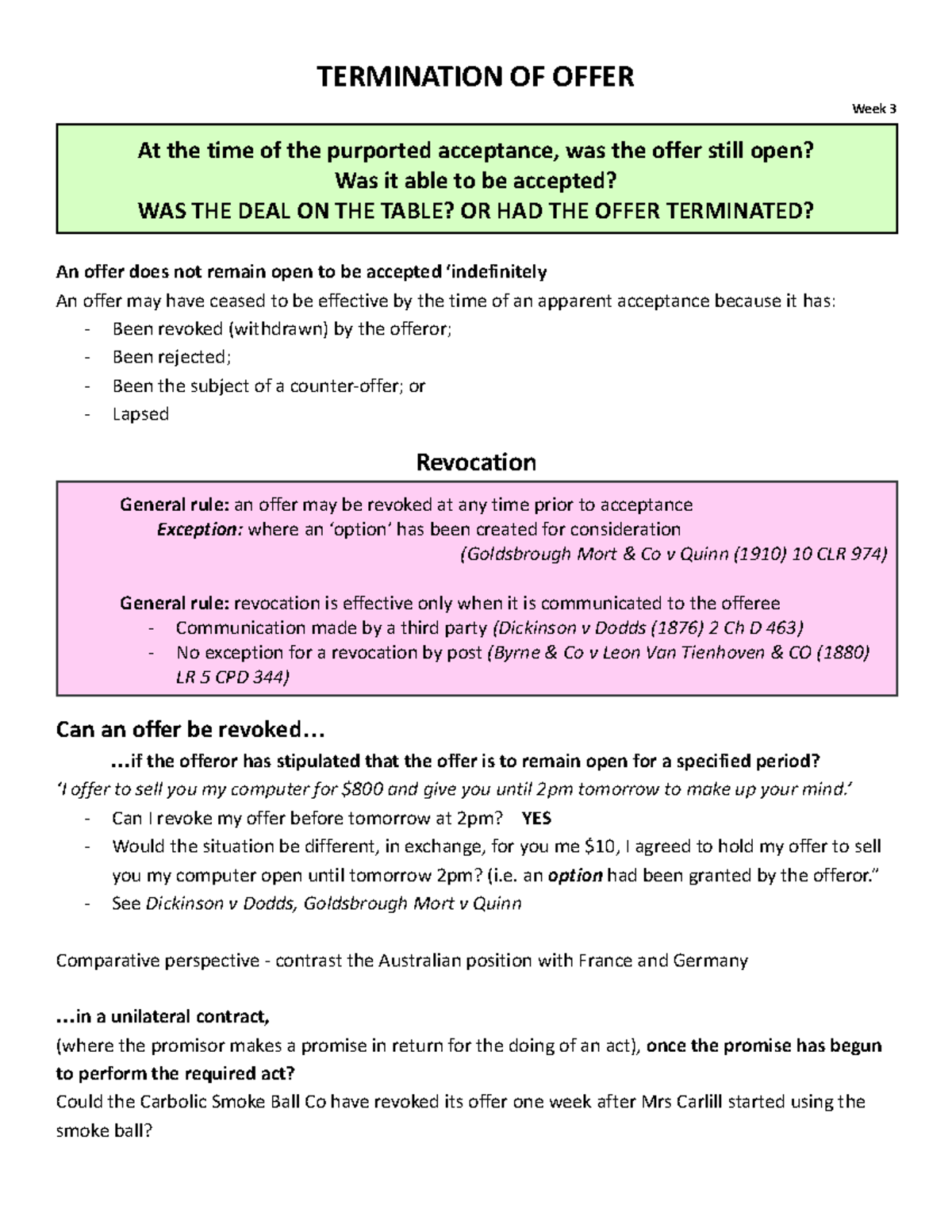 WEEK 3 - Contract LAW - TERMINATION OF OFFER Week 3 At the time of the ...