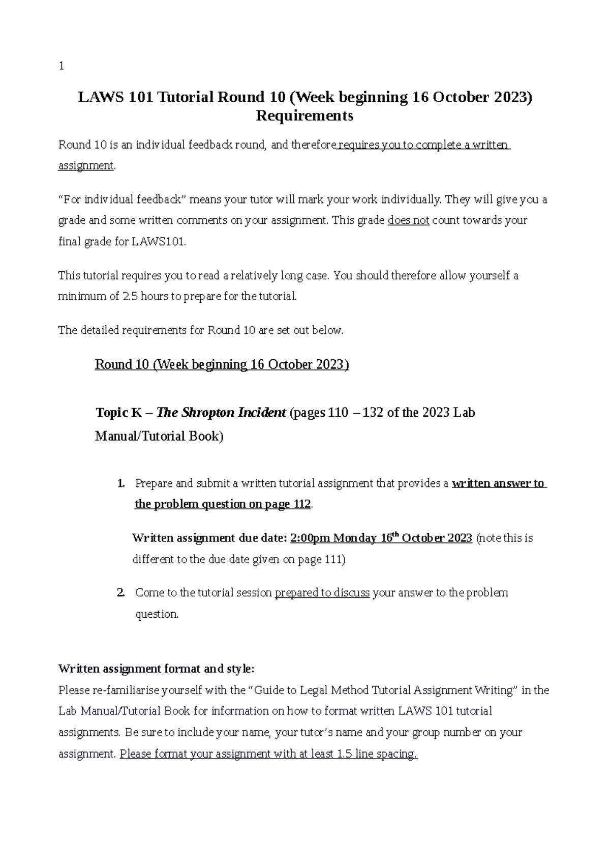 LAWS101 Tutorial Round 10 (Shropton Incident) Written Assignment Instructions (2023) - 1 LAWS ...