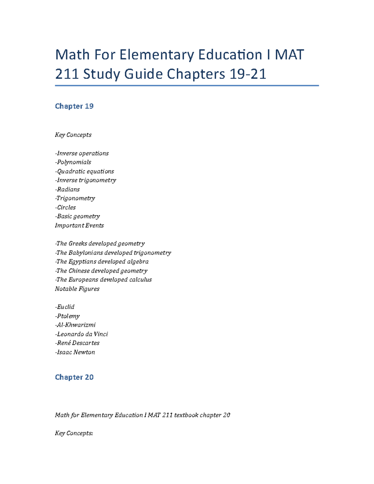 Math For Elementary Education I MAT 211 Study Guide Chapters 19-21 -The ...