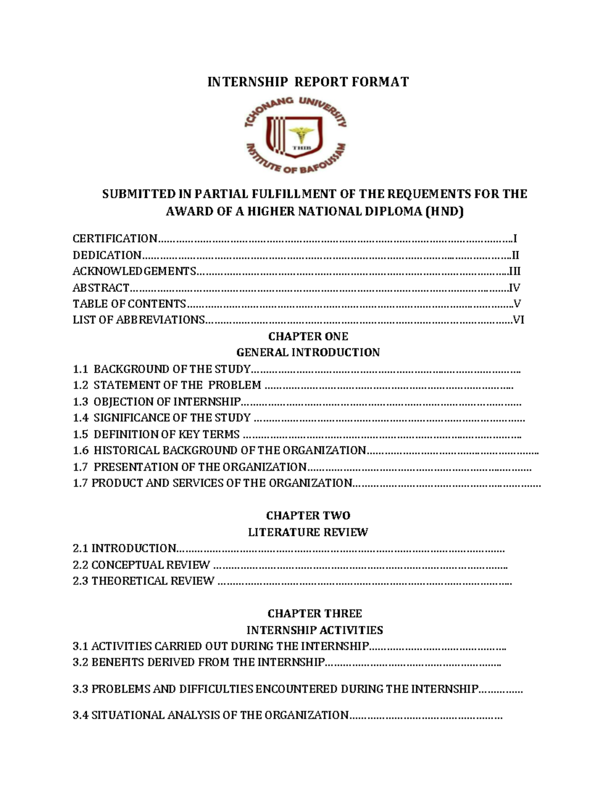 Internship Report Format - INTERNSHIP REPORT FORMAT SUBMITTED IN PARTIAL FULFILLMENT OF THE ...