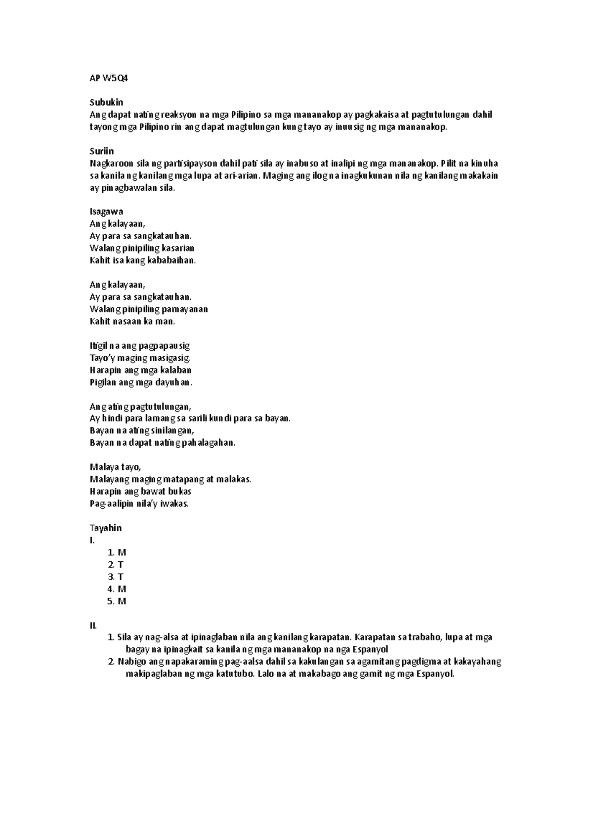 AP Week five Quarter 4 - AP W5Q Subukin Ang dapat nating reaksyon na ...