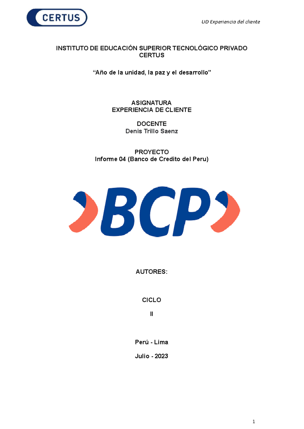 AA4 BCP - INSTITUTO DE EDUCACIÓN SUPERIOR TECNOLÓGICO PRIVADO CERTUS ...