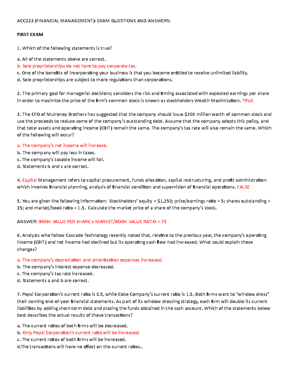 EXAM 1 Answers - ACC222 (FINANCIAL MANAGEMENT): EXAM QUESTIONS AND ...