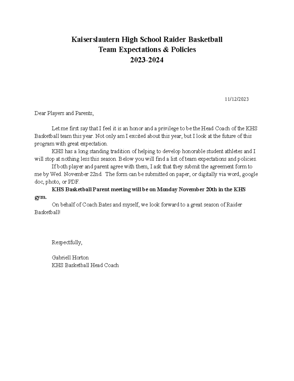 KHS Basketball Expectations & Policies - Kaiserslautern High School ...