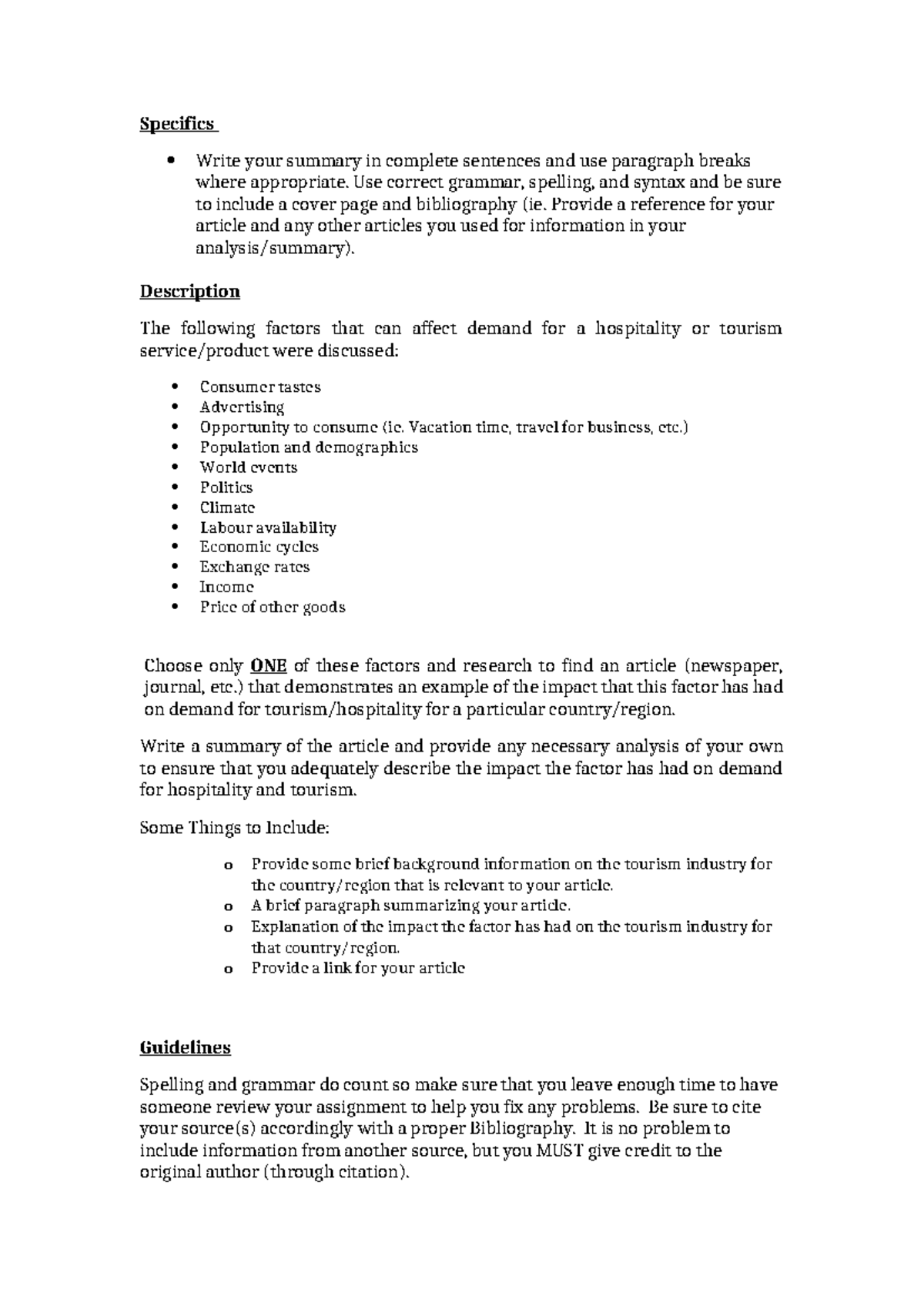 Gobal Tourism Assignment 1 - Specifics Write your summary in complete ...