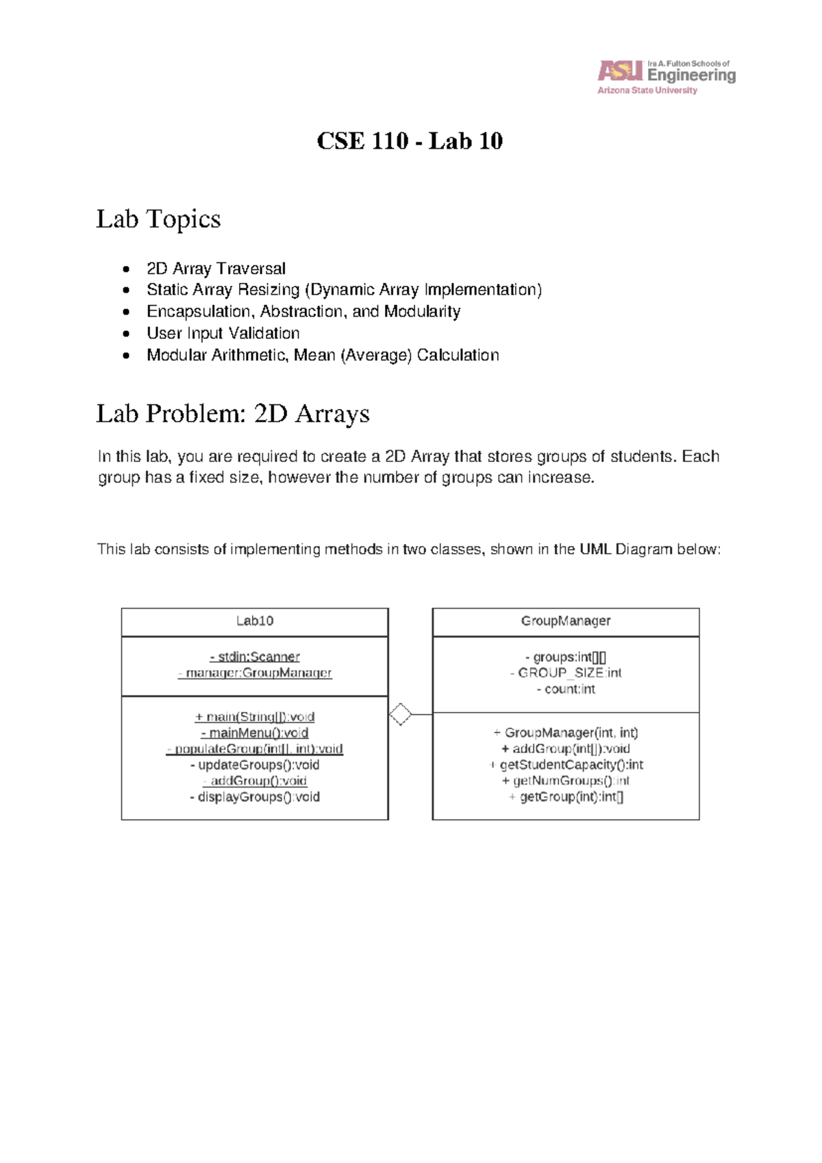 Lab10 2d Arrays Please Help Cse 110 Lab 10 Lab Topics 2d Array Traversal Static Array