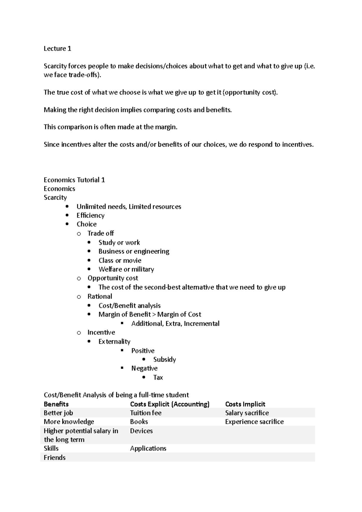 Economics Lec:Tut - Lecture 1-3 notes - Lecture 1 Scarcity forces ...