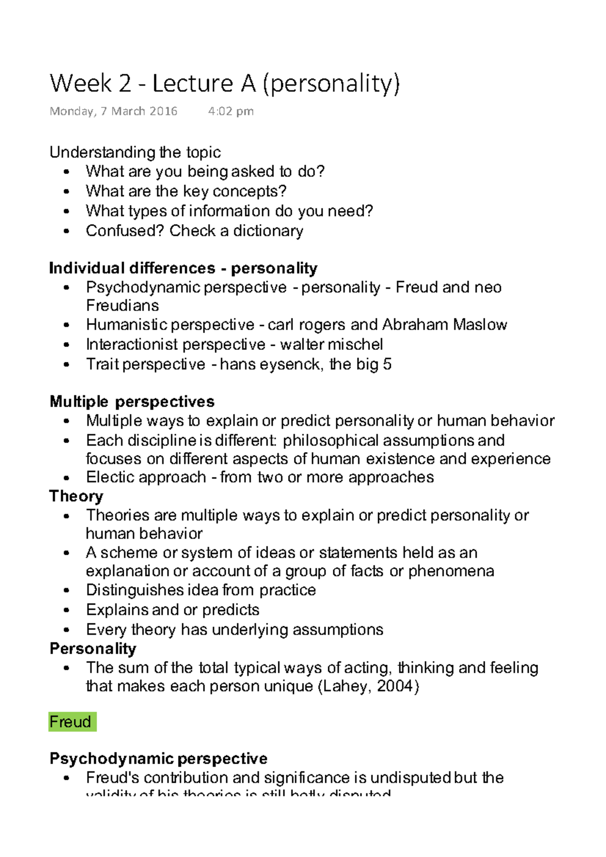 Week 2 - Lecture A (personality) - What are you being asked to do? What ...