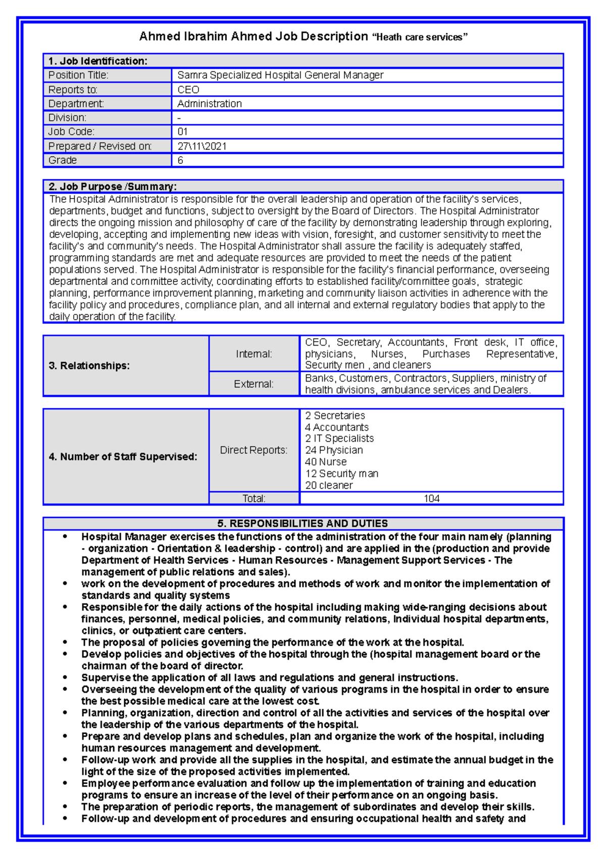 Job Description samra hospital general manager - Ahmed Ibrahim Ahmed ...