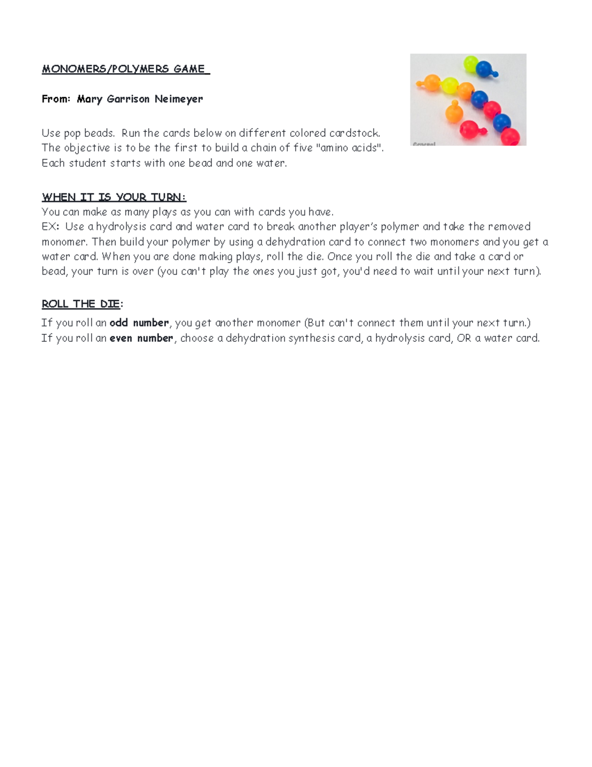 Monomers polymers game - MONOMERS/POLYMERS GAME From: Mary Garrison ...