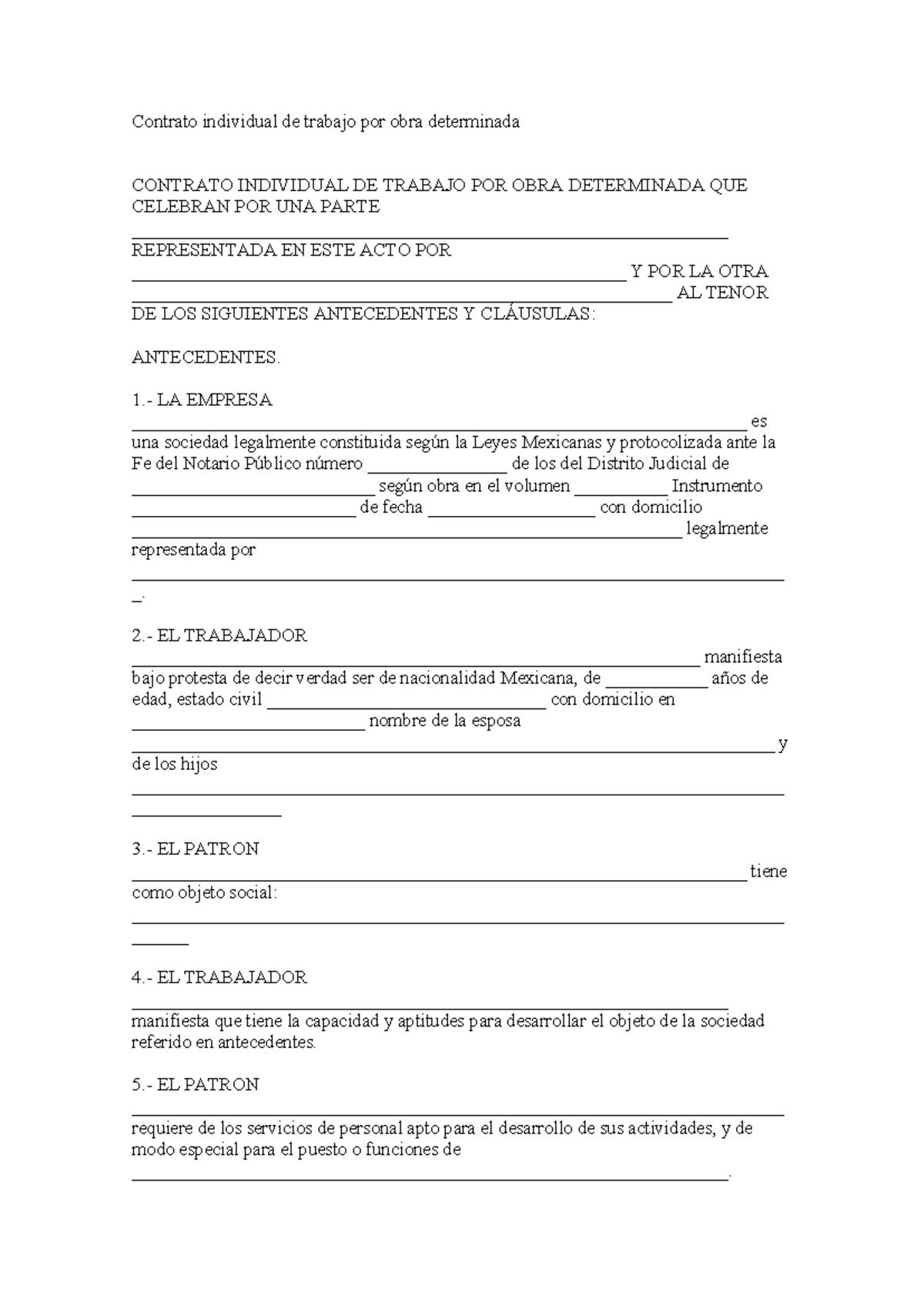 Contrato individual de trabajo por obra determinada - 1.- LA EMPRESA - Studocu