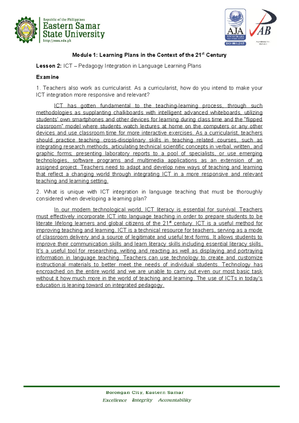 Pdfcoffee - ttl2 - Module 1: Learning Plans in the Context of the 21st Century Lesson 2: ICT ...