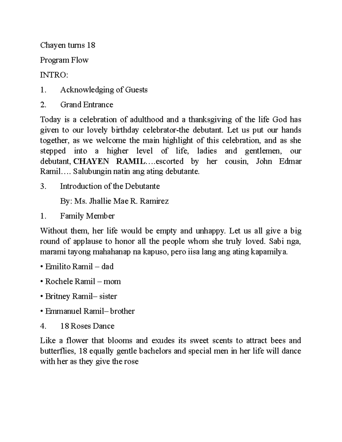 Chayen turns 18 Emcee Script - Chayen turns 18 Program Flow INTRO ...