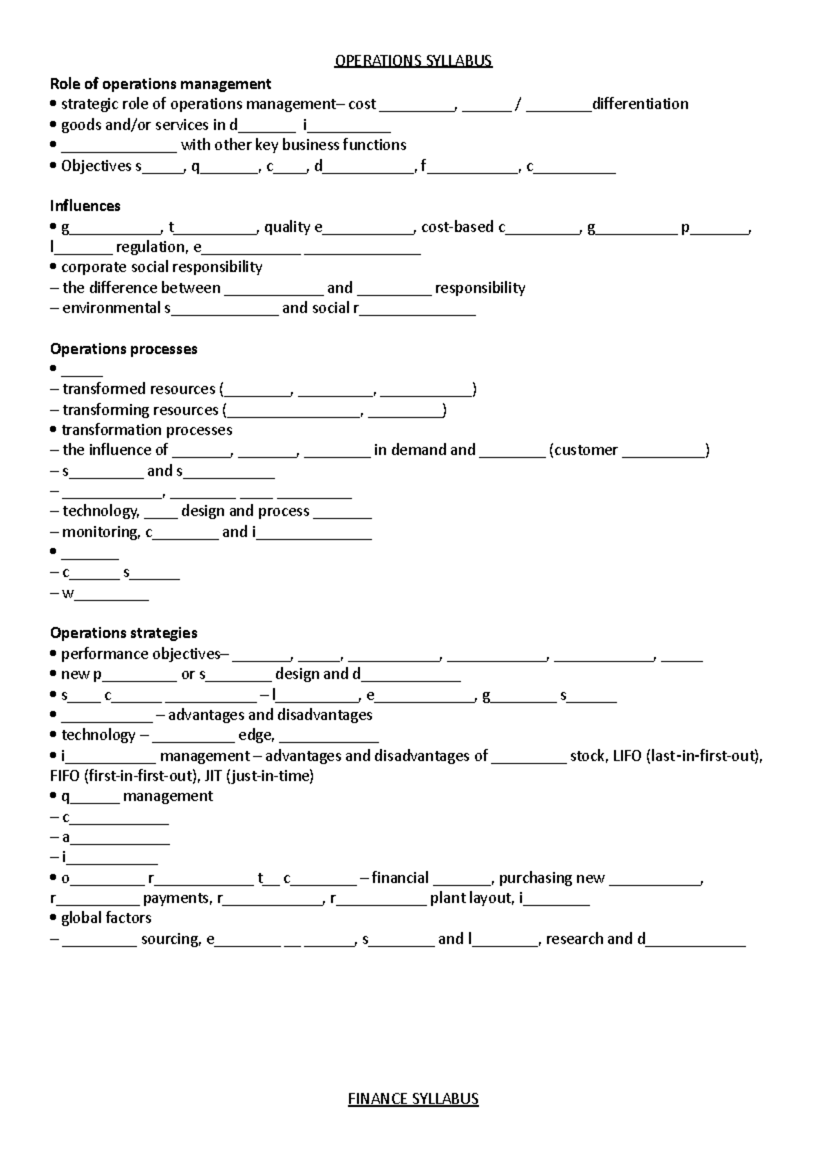 Fill in syllabus for Business - OPERATIONS SYLLABUS Role of operations ...