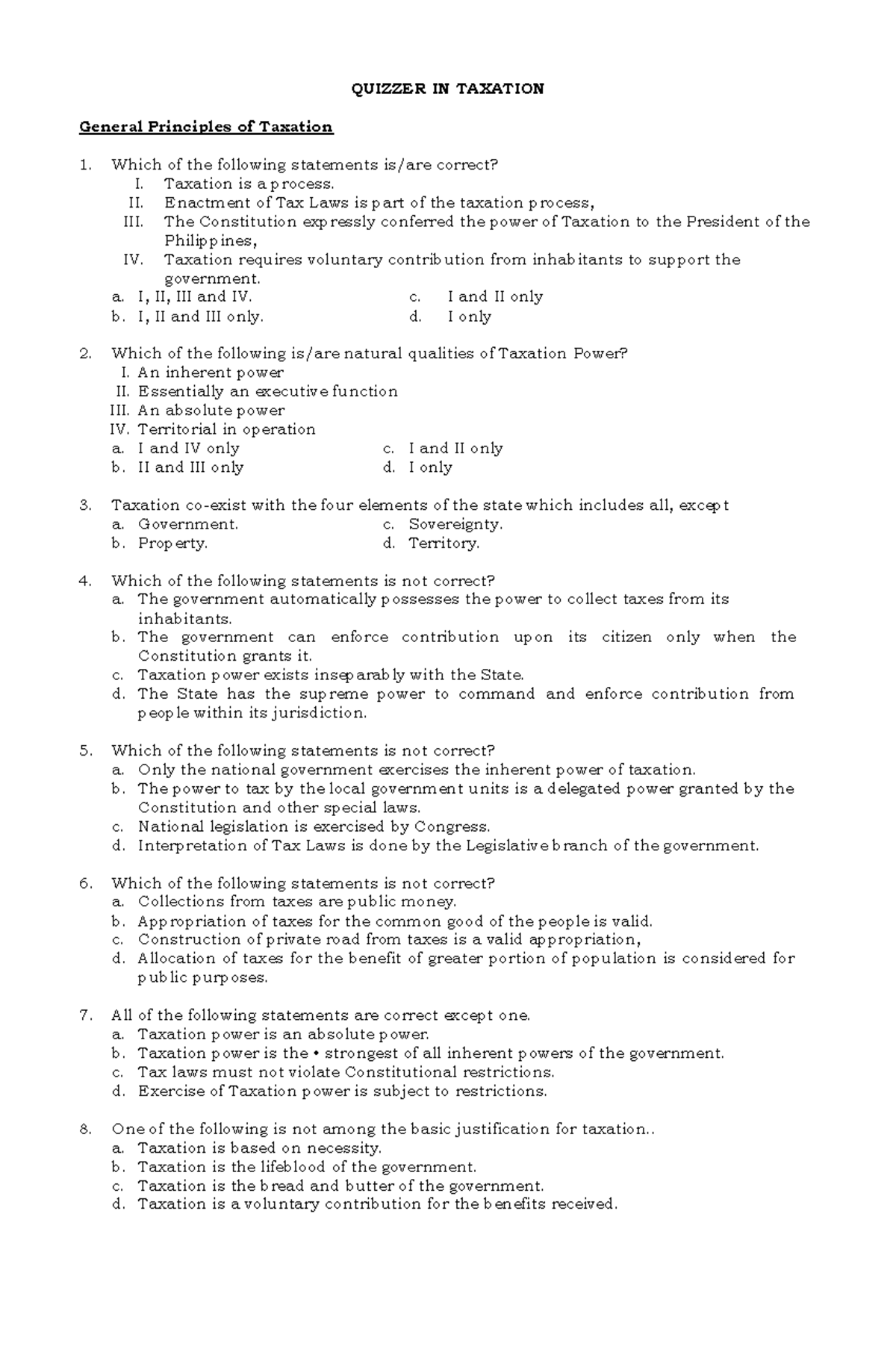 Quizzer on General Principles of Taxation Without Answers - QUIZZER IN ...