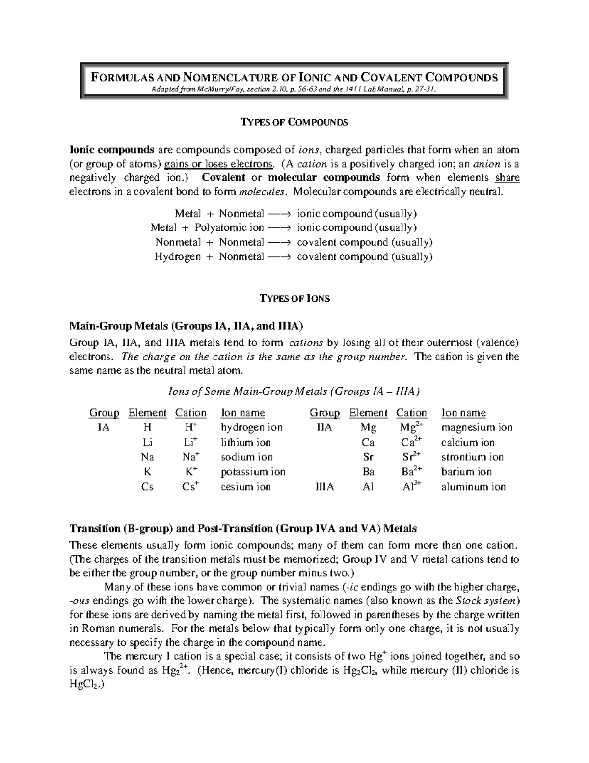 Formulas & Nomenclature - FORMULAS AND NOMENCLATURE OF IONIC AND ...
