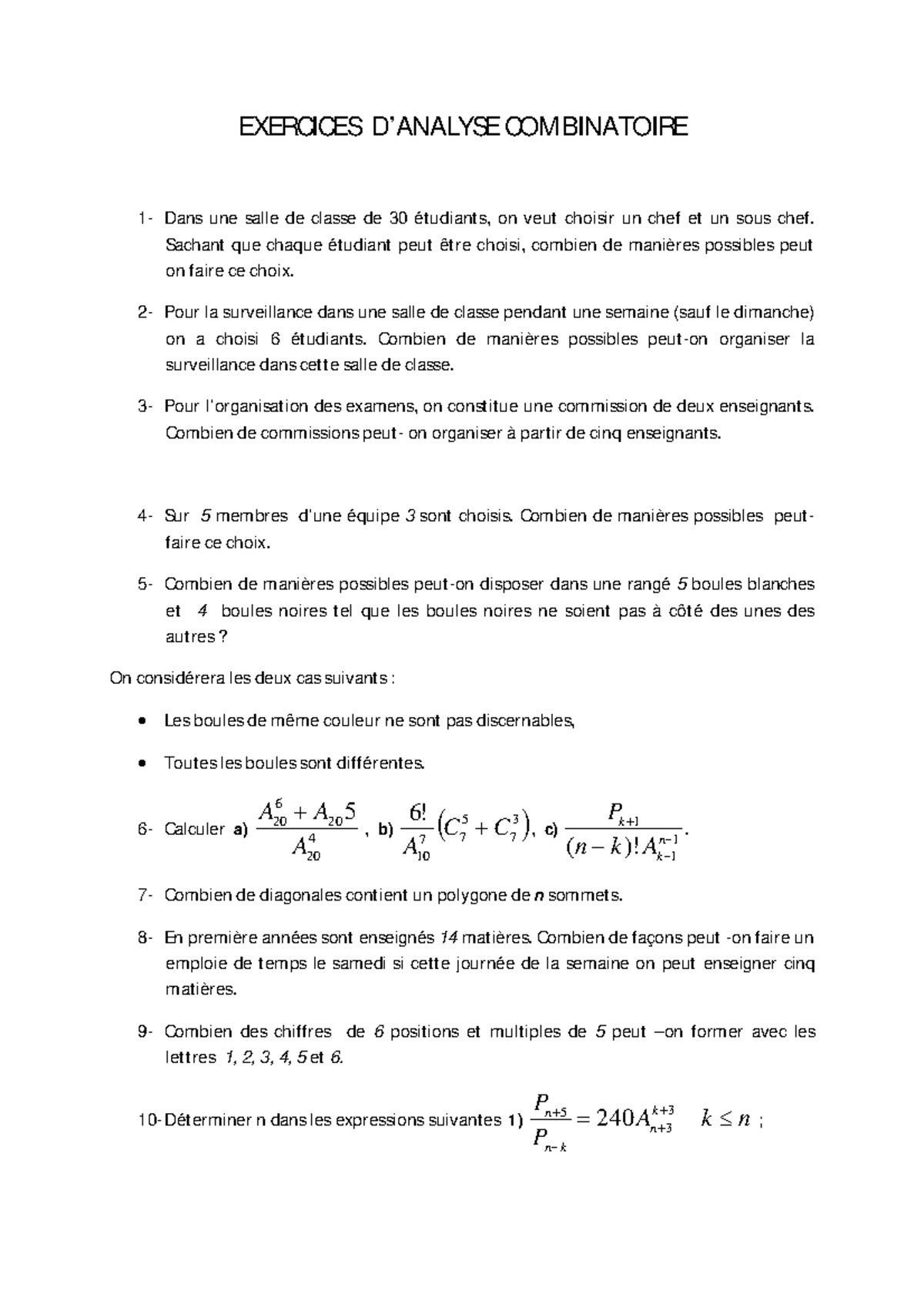 Analyse combinatoire - EXERCICES D’ANALYSE COMBINATOIRE 1 - Dans une salle de classe de 30 - Studocu