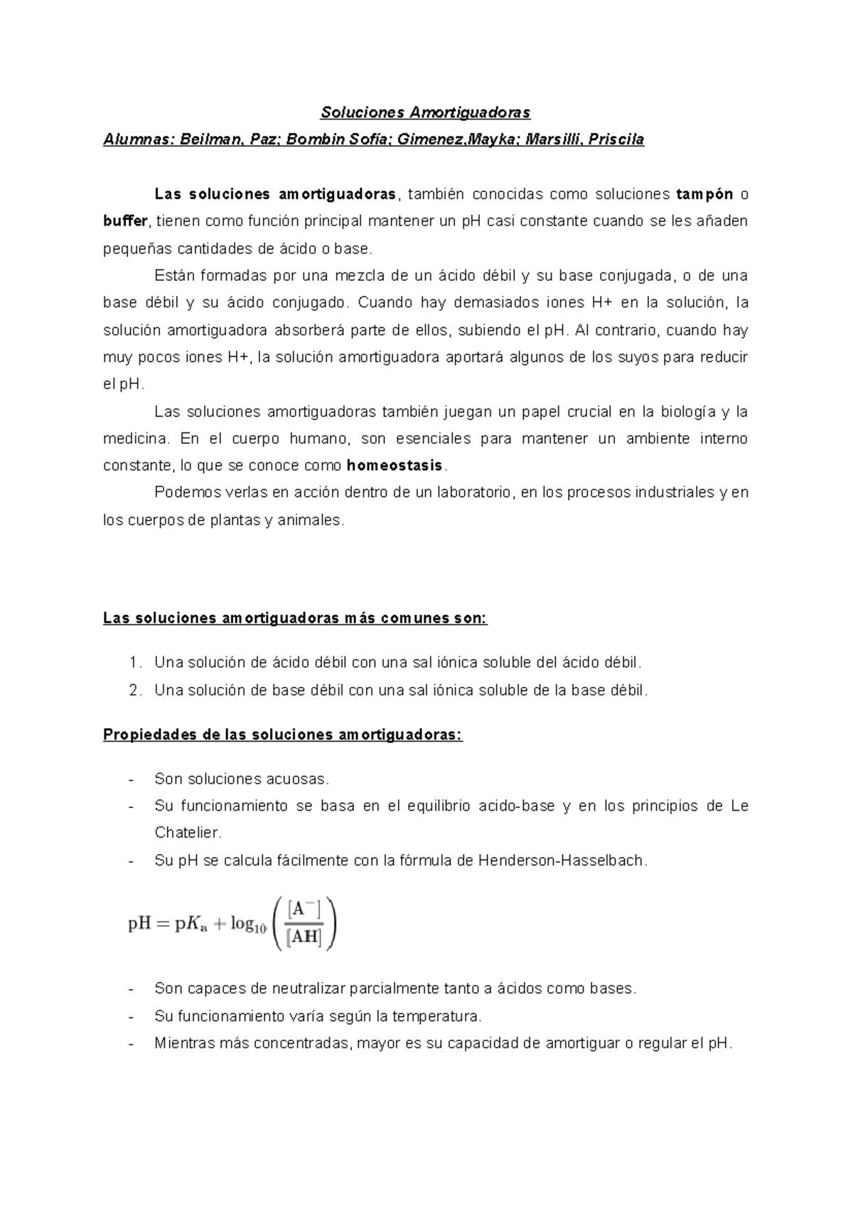 Función de soluciones amortiguadoras - Soluciones Amortiguadoras Alumnas: Beilman, Paz; Bombin ...