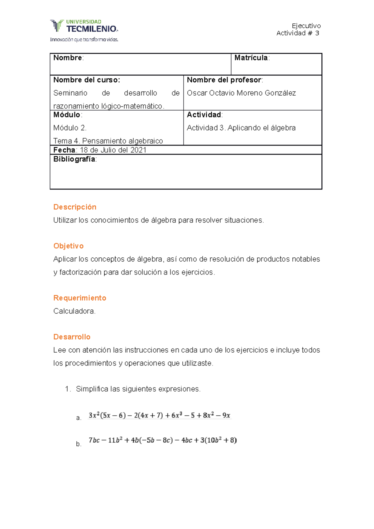 Actividad 3. Pensamiento algebraico - Ejecutivo Actividad # 3 Nombre ...